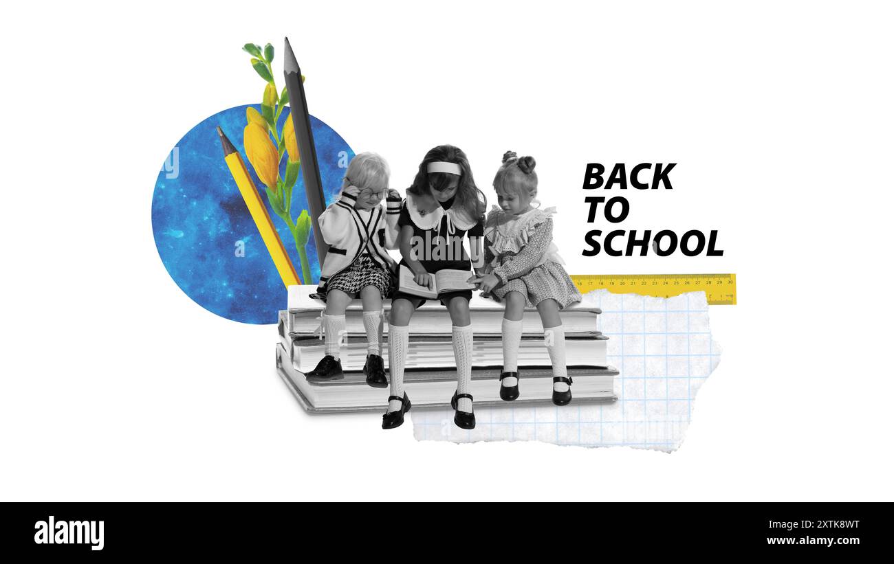 Poster. Contemporary art collage. Three girls, classmates, sitting on ...