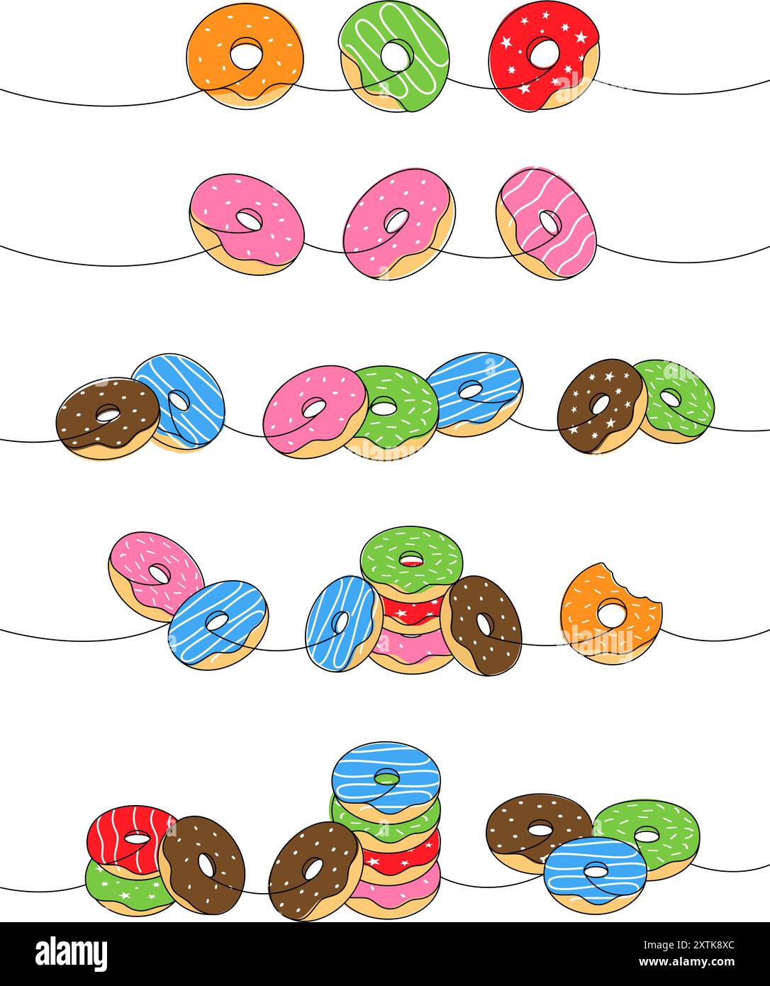 Take away donut set. Delicious donuts one line colored continuous ...