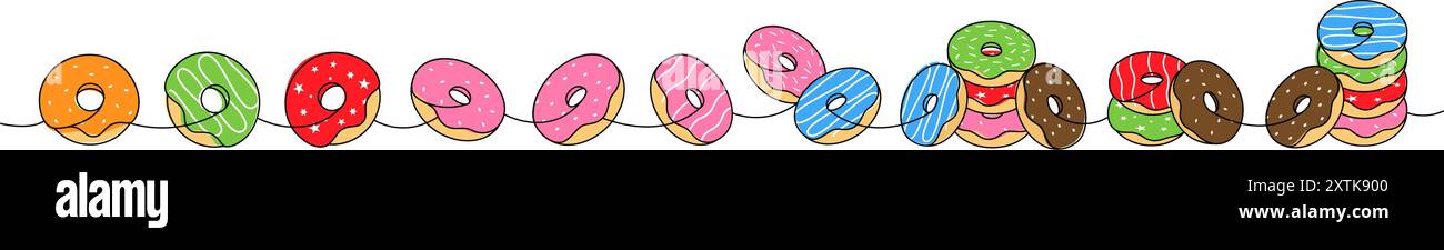 Glazed doughnuts set. Delicious donuts one line colored continuous ...