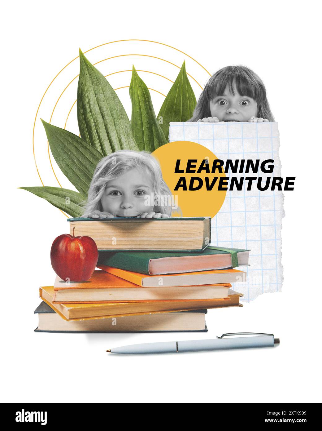 Poster. Contemporary art collage. Two curious children, schoolgirls ...