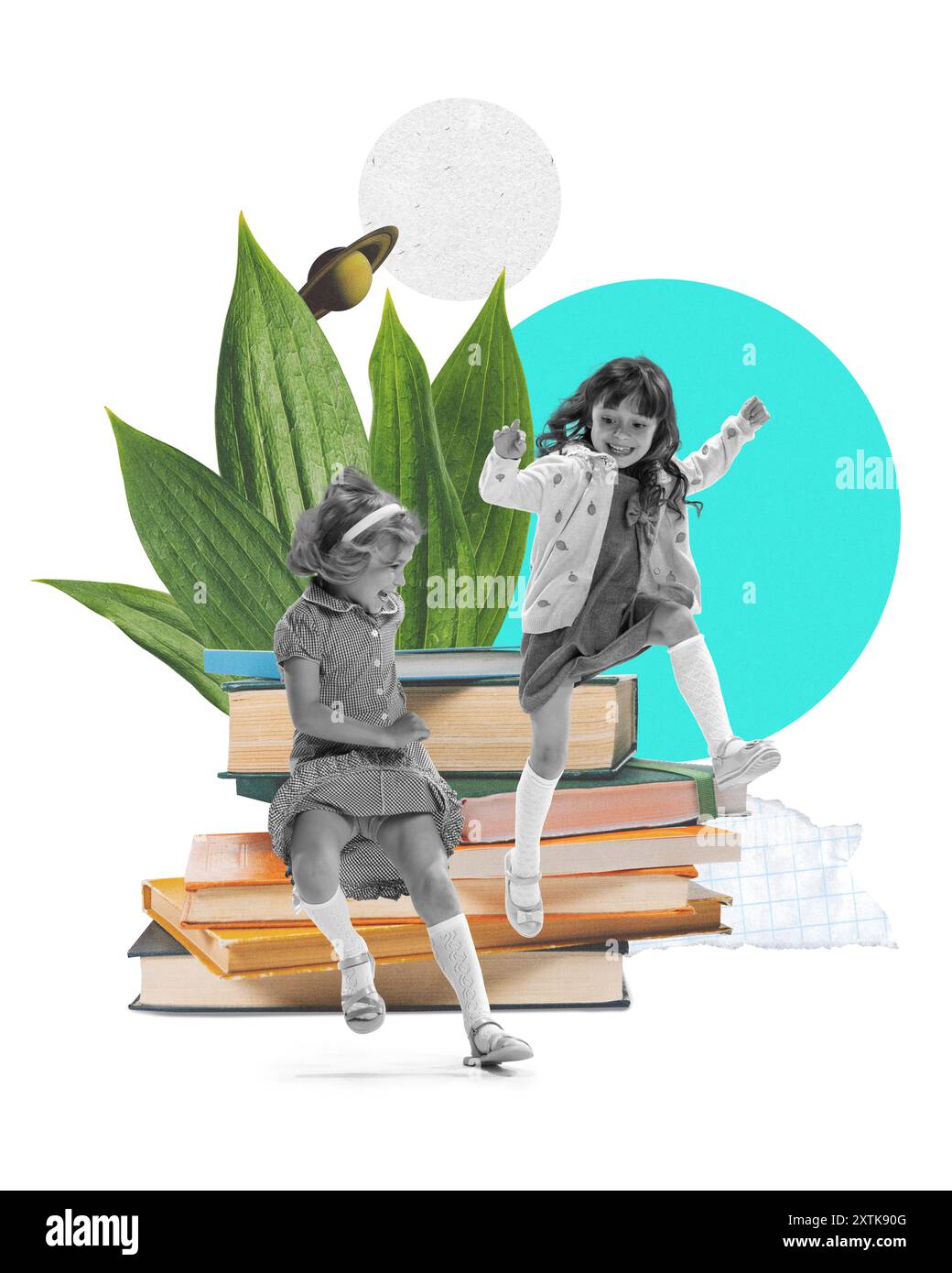 Poster. Contemporary art collage. Happy charming girls in retro attire ...