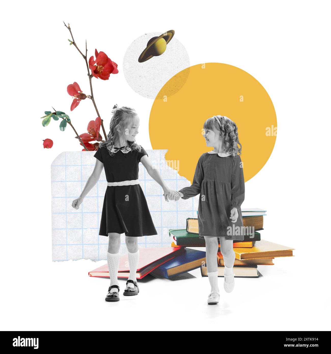 Poster. Contemporary art collage. Two girls in retro outfits, in ...