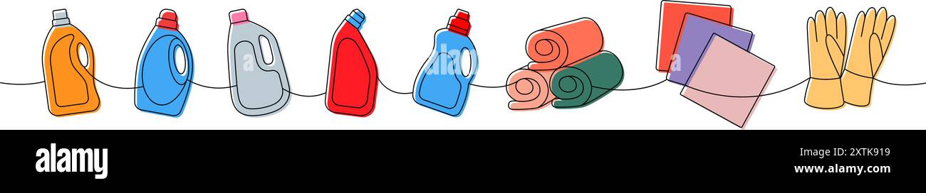 Cleaning set one line colored continuous drawing. Toilet cleaners ...