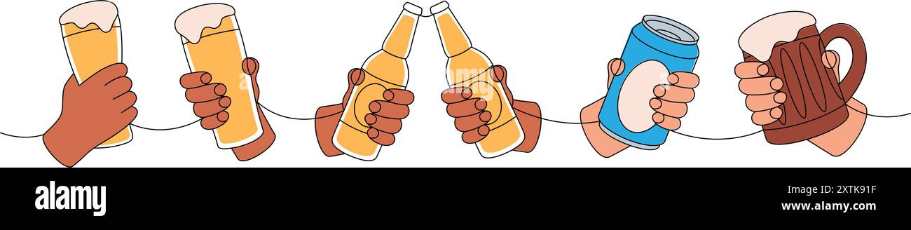 Hands holding a beer mug one line colored continuous drawing. Beer pub ...