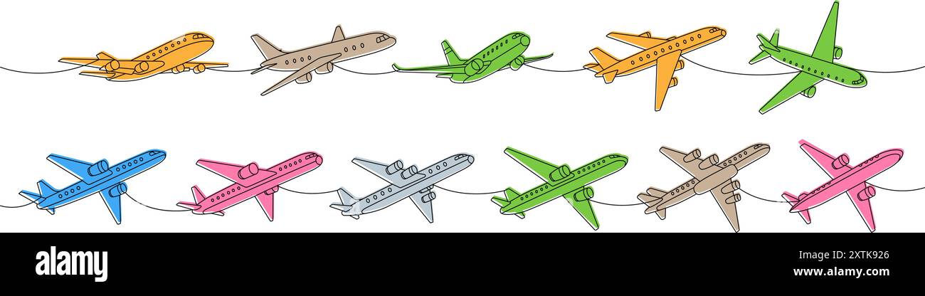 Set of airplanes. Air transport one line colored continuous drawing ...
