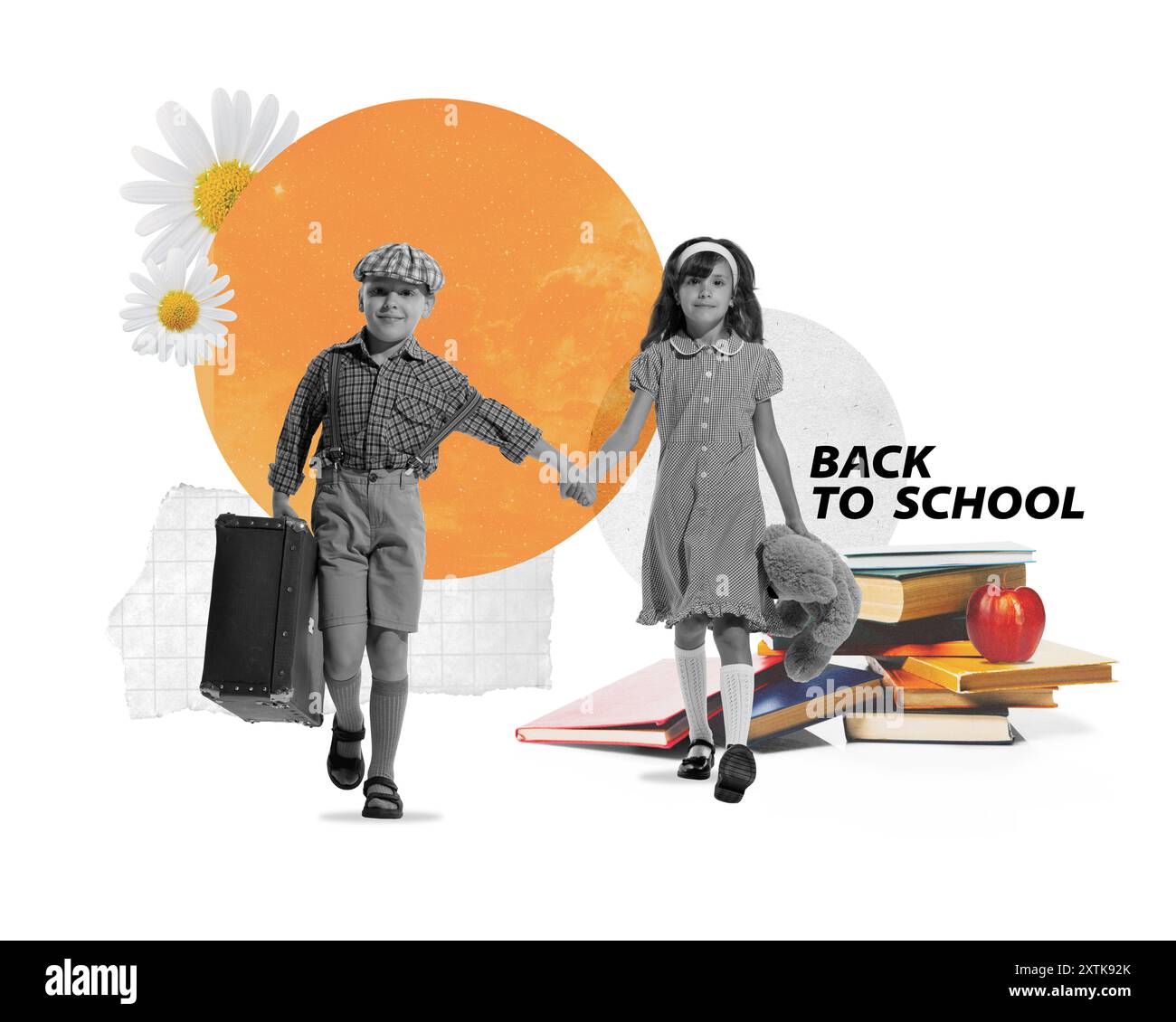 Poster. Contemporary art collage. Students, boy and girl, go to school holding hands and ...