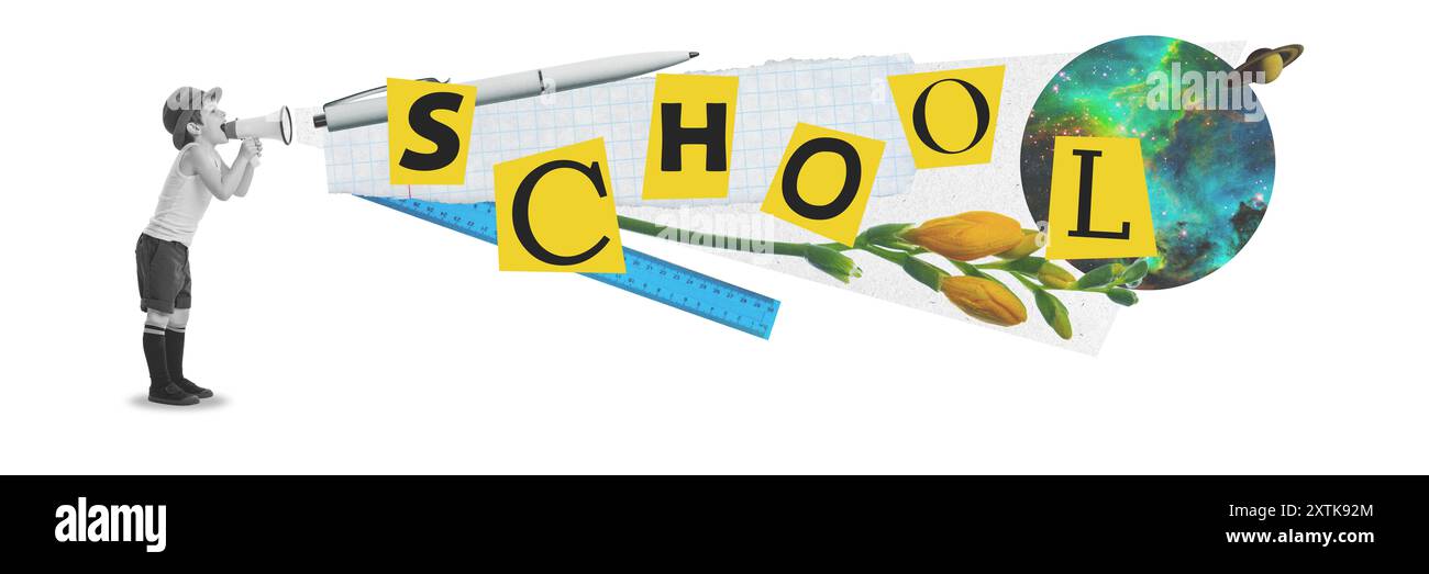 Poster. Contemporary art collage. Cute little boy, student, shouting to ...