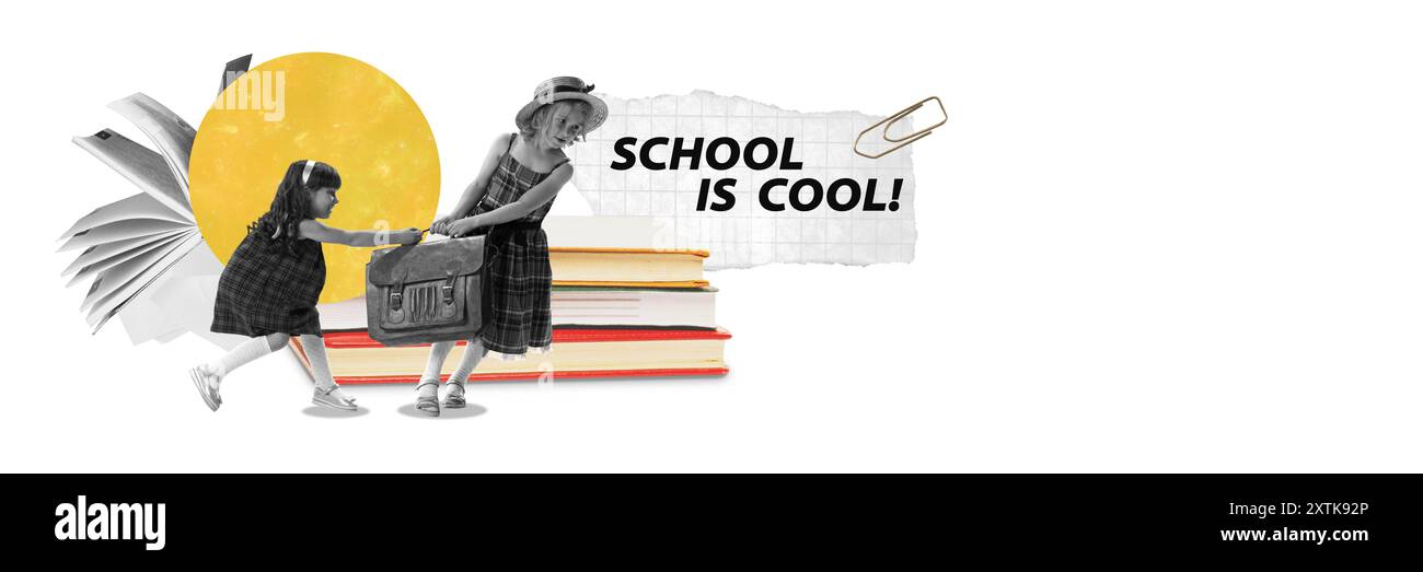 Poster. Contemporary art collage. Two girls, student, fighting over ...