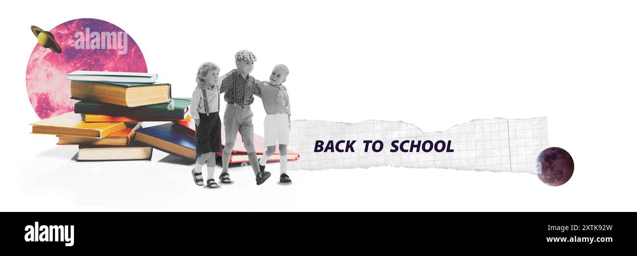 Poster. Contemporary art collage. Boys, friends, classmates hugs and ...