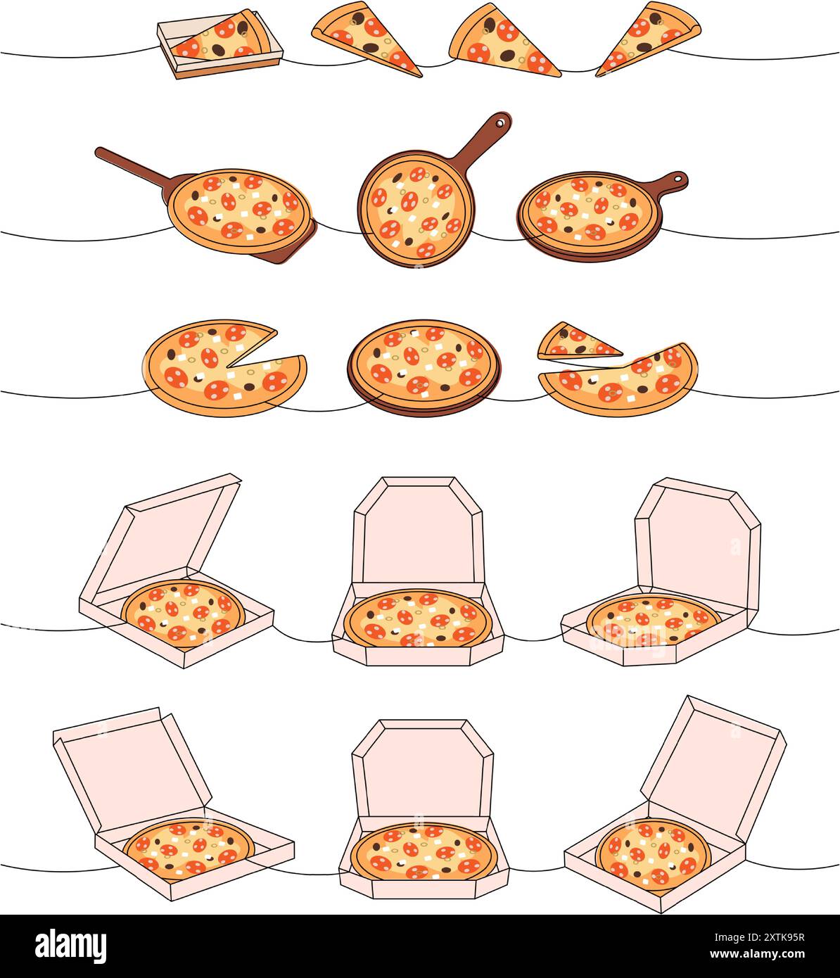 Pizza set one line colored continuous drawing. Whole and pieces italian ...