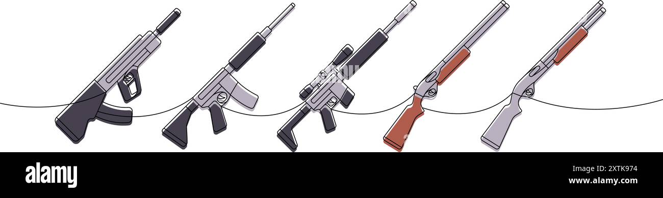 Modern weapons one line colored continuous drawing. Tactical assault ...