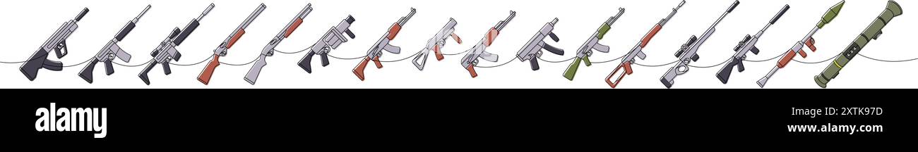 Weapons one line colored continuous drawing. Tactical assault rifles ...