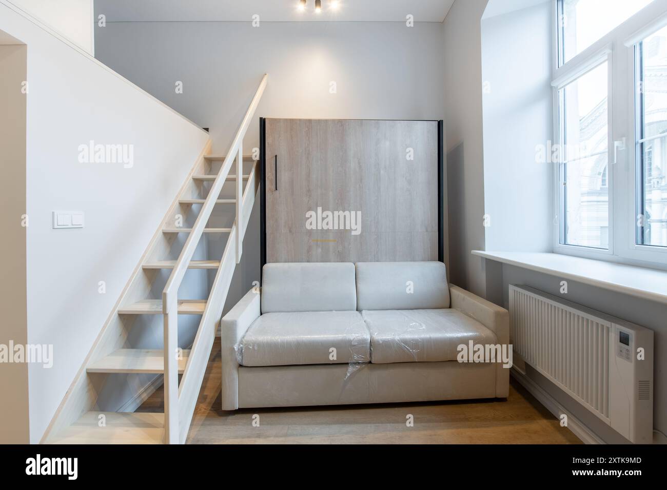 Tiny Modern Open Bright Minimalism Home Interior. Couch, Sofa Wardrobe ...