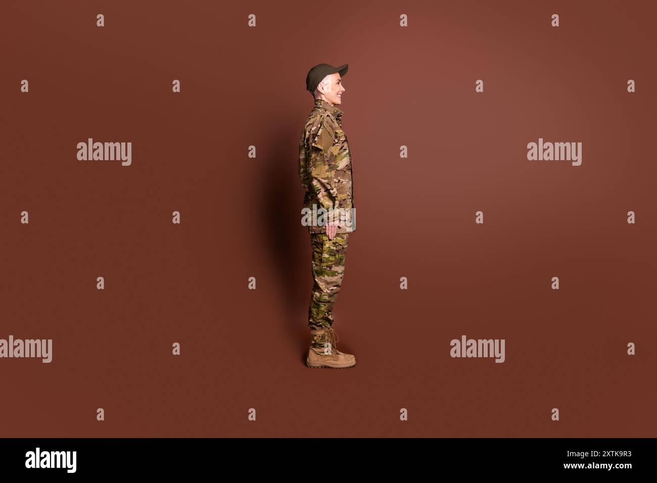 Full length photo of pensioner lady professional officer stand profile ...