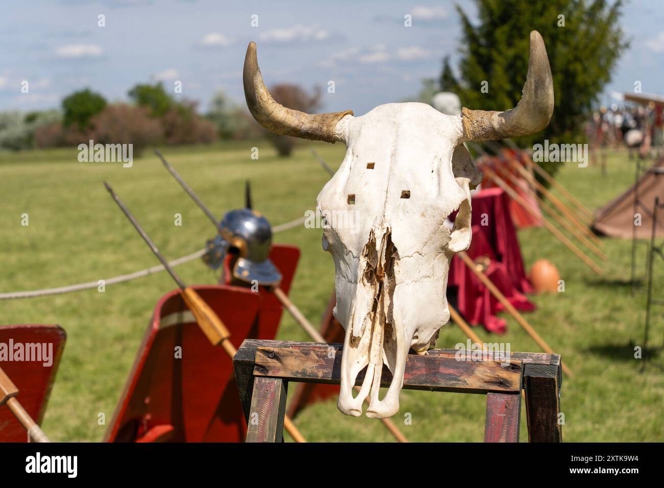 An ancient Roman legionary camp decorated with a bull's skull Stock ...