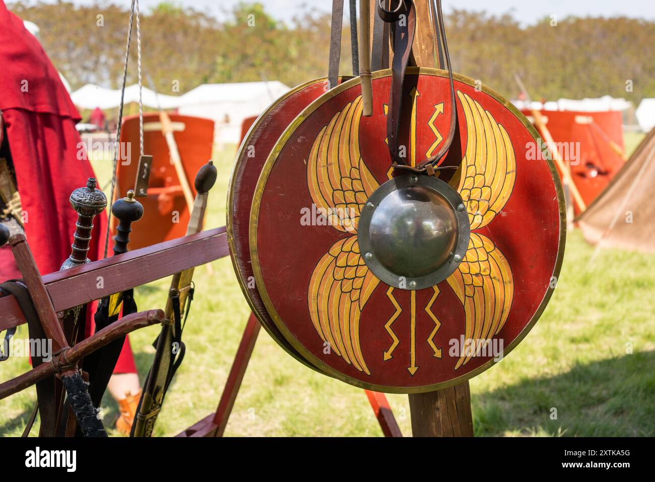 Round Roman archer shields and weapons in an ancient Roman legionary ...