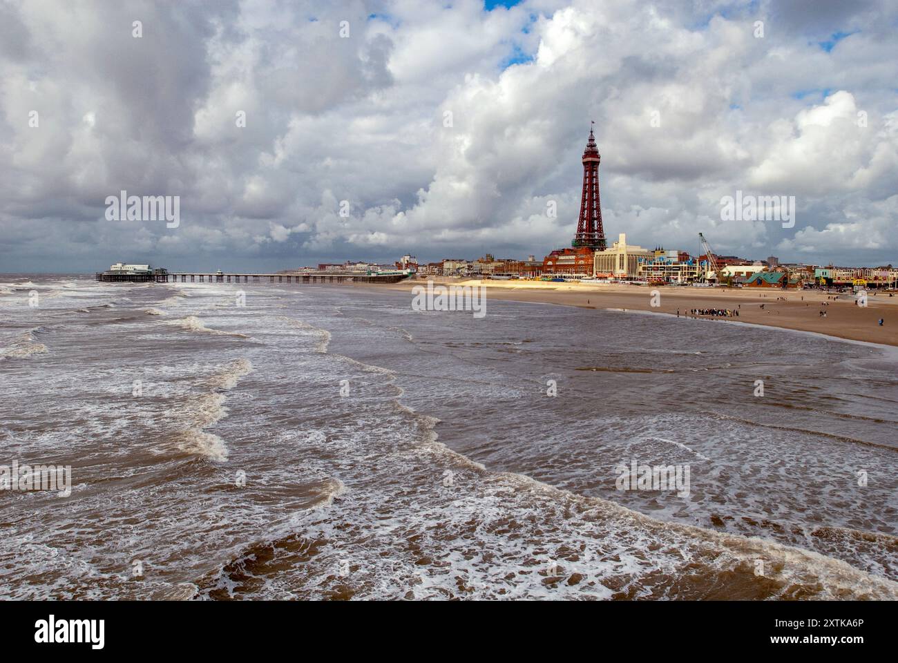 Blackpool tower pier beach tram waves Stock Photo - Alamy