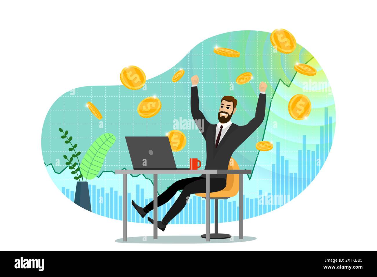 Successful businessman trader get money on backdrop of rising stock ...