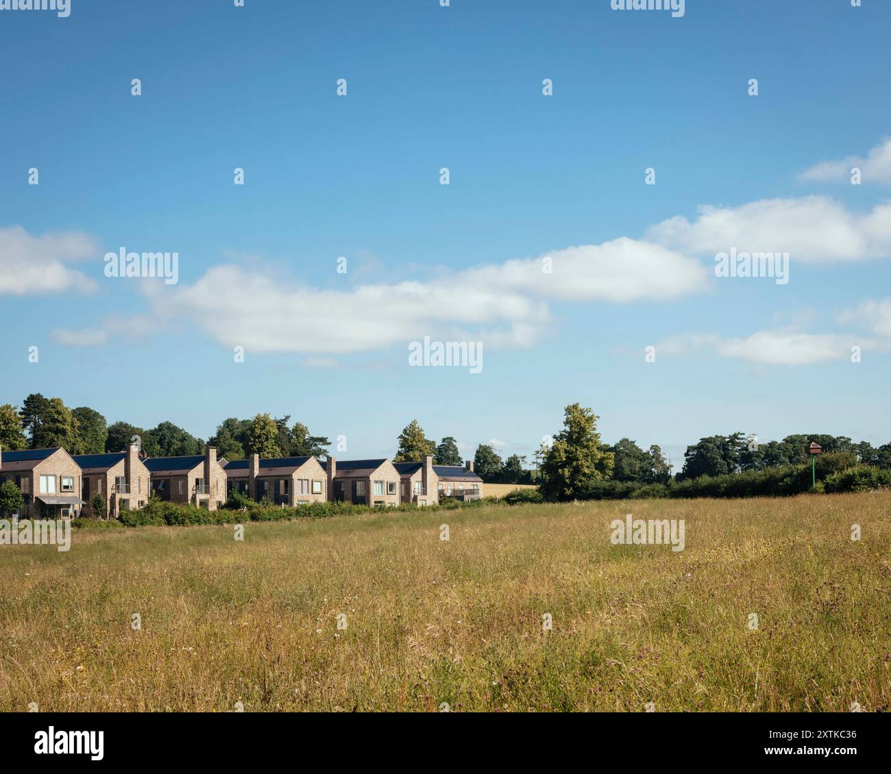 Row of houses, long view across field with fluffy clouds in the sky ...