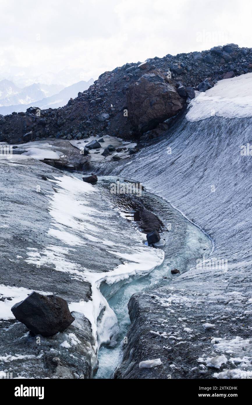 streams of water on the surface of a melting highland glacierб rocks ...