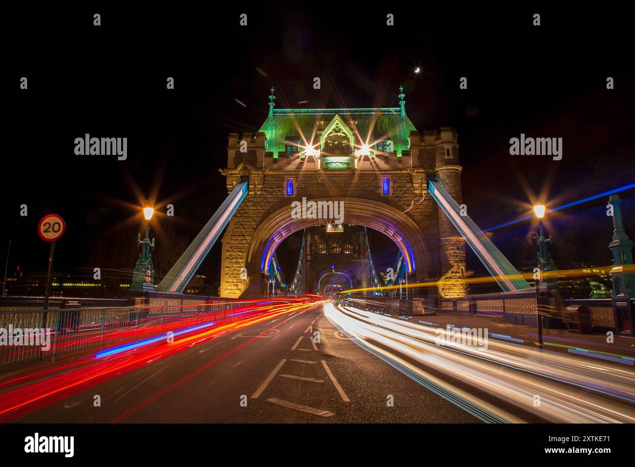 Tower Bridge and traffic light trails, looking down the A100 Tower ...