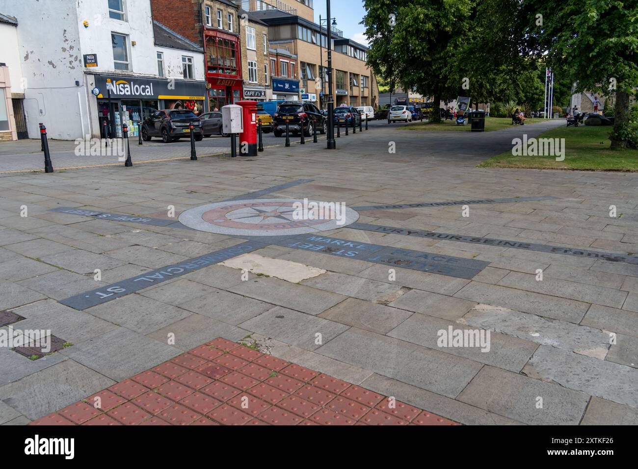 Crook, County Durham, UK. The Royal Corner, with street markings, a ...