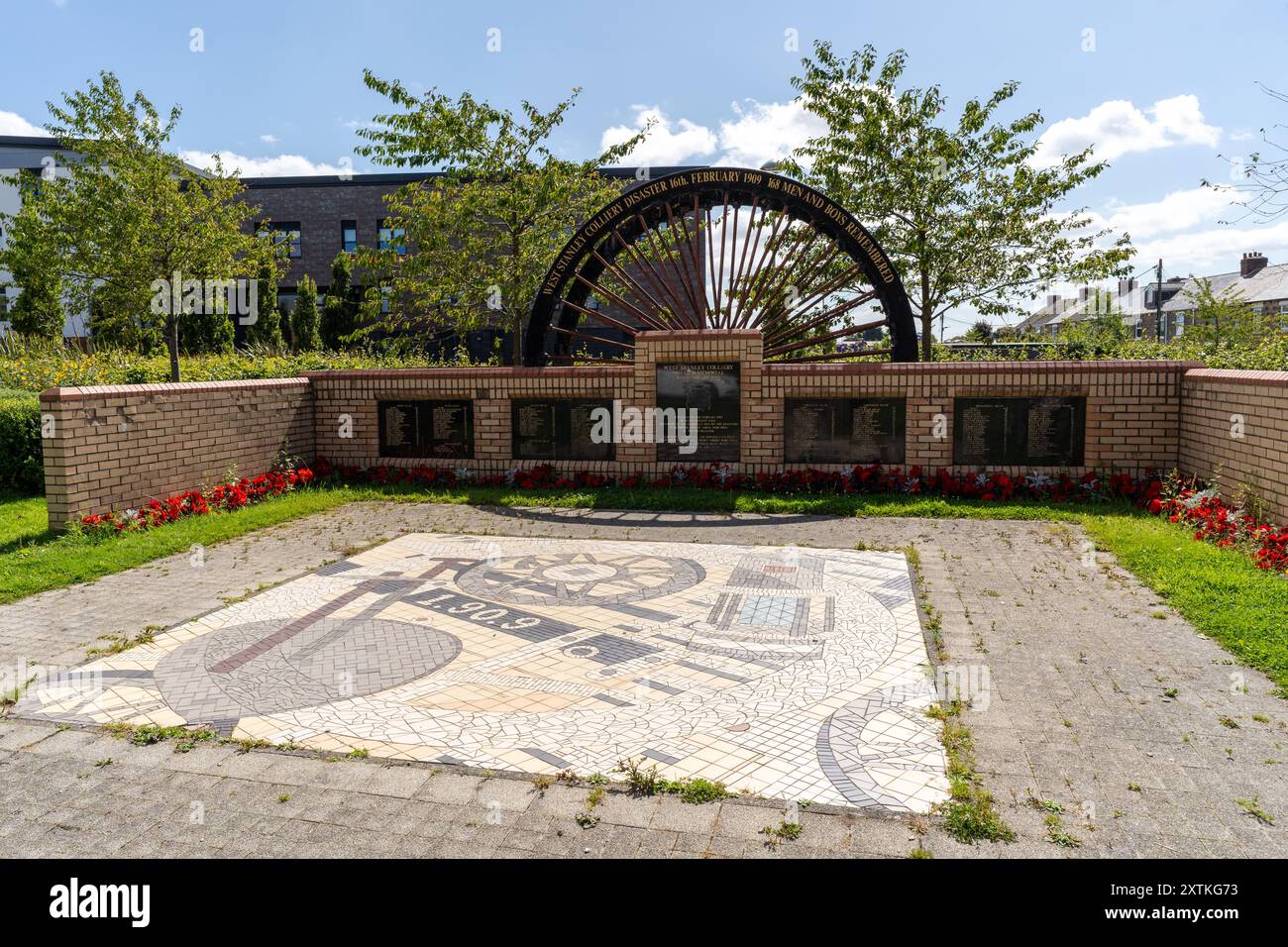 Stanley. County Durham, UK. Pit wheel memorial to lives lost at the ...