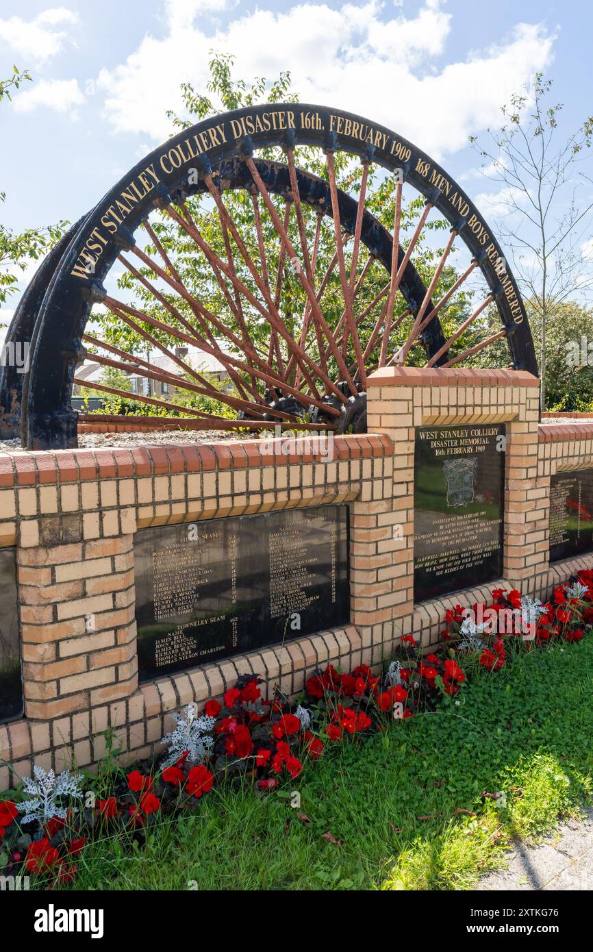 Stanley. County Durham, UK. Pit wheel memorial to lives lost at the ...
