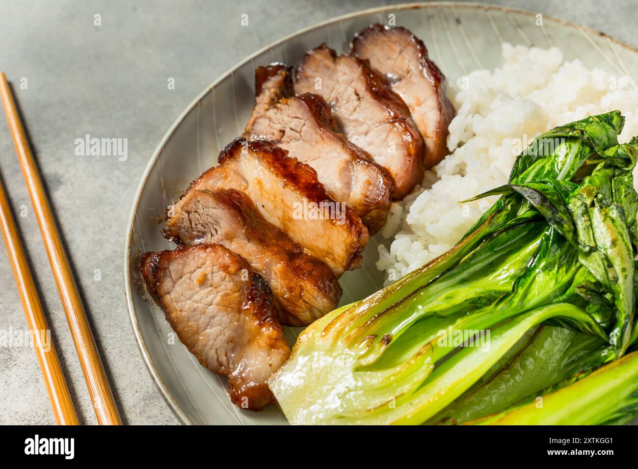 Chinese Char Siu Pork with Bok Choy and White Rice Stock Photo - Alamy