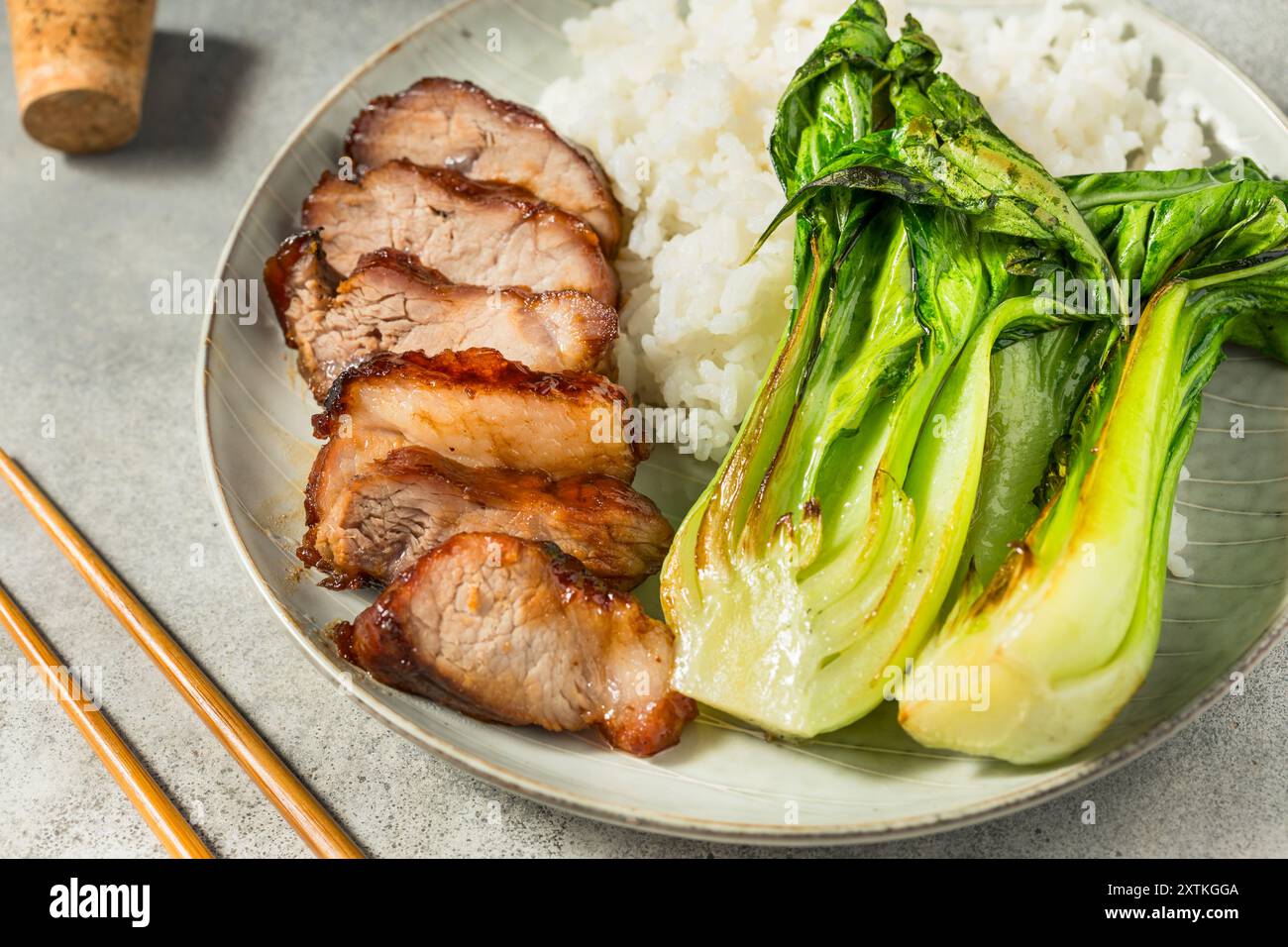 Chinese Char Siu Pork with Bok Choy and White Rice Stock Photo - Alamy