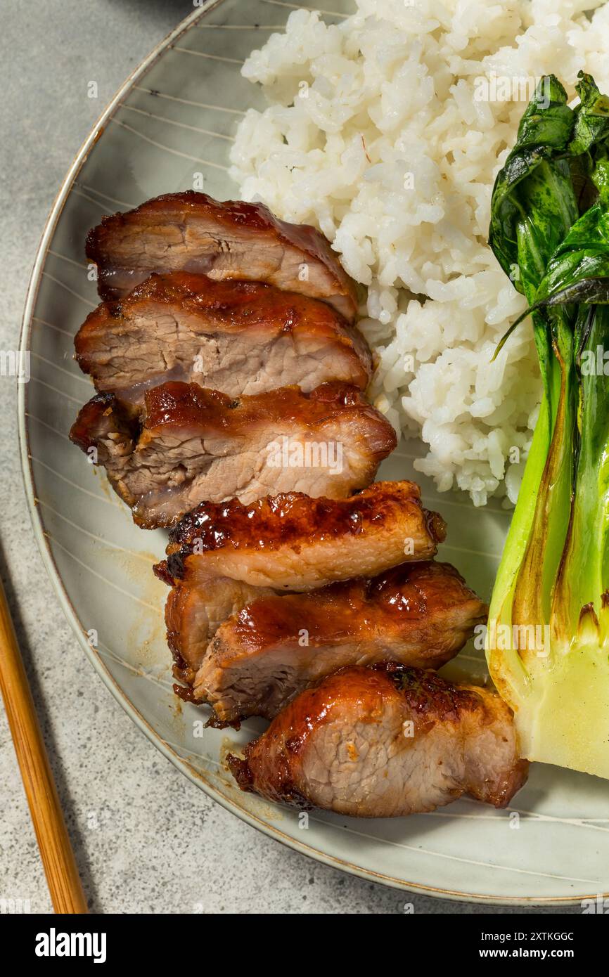 Chinese Char Siu Pork with Bok Choy and White Rice Stock Photo - Alamy