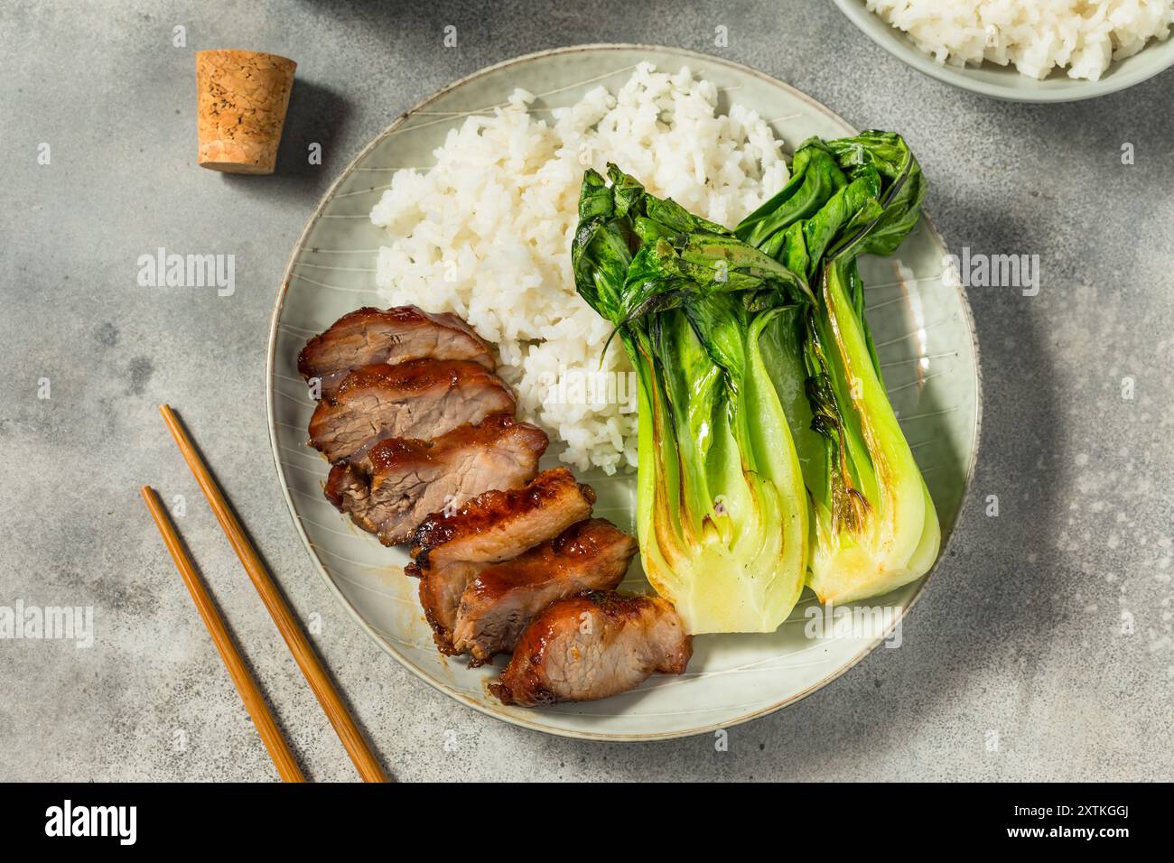 Chinese Char Siu Pork with Bok Choy and White Rice Stock Photo - Alamy