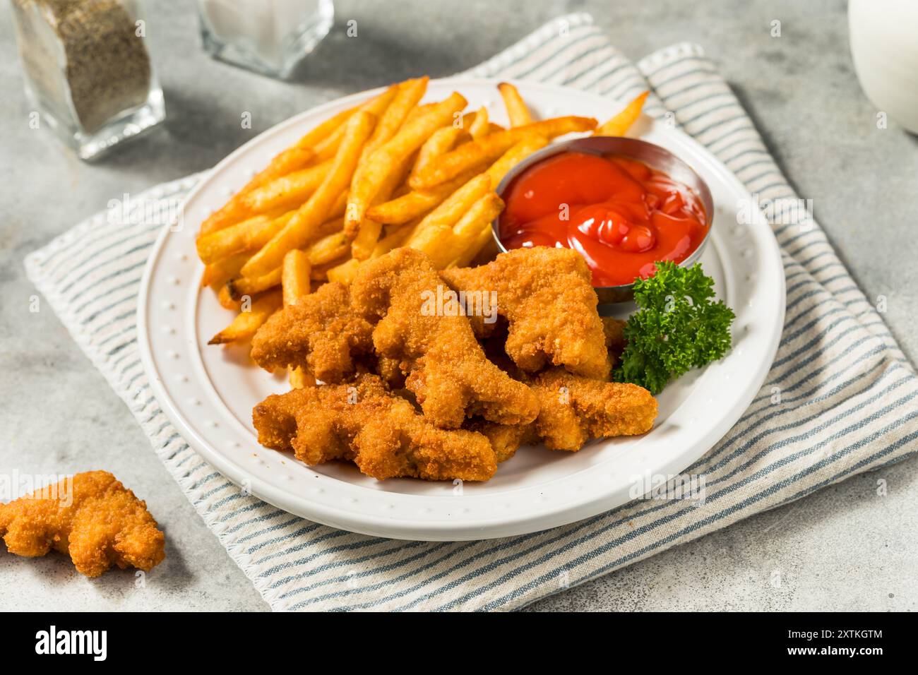 Healthy Kids Dinosaur Chicken Nuggets with Fries and Ketchup Stock ...