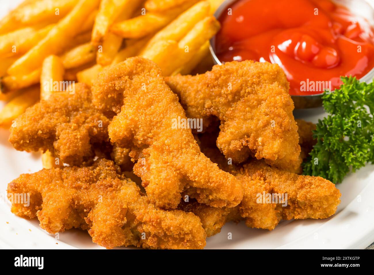 Healthy Kids Dinosaur Chicken Nuggets with Fries and Ketchup Stock ...