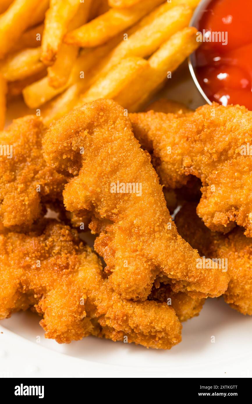 Healthy Kids Dinosaur Chicken Nuggets with Fries and Ketchup Stock ...