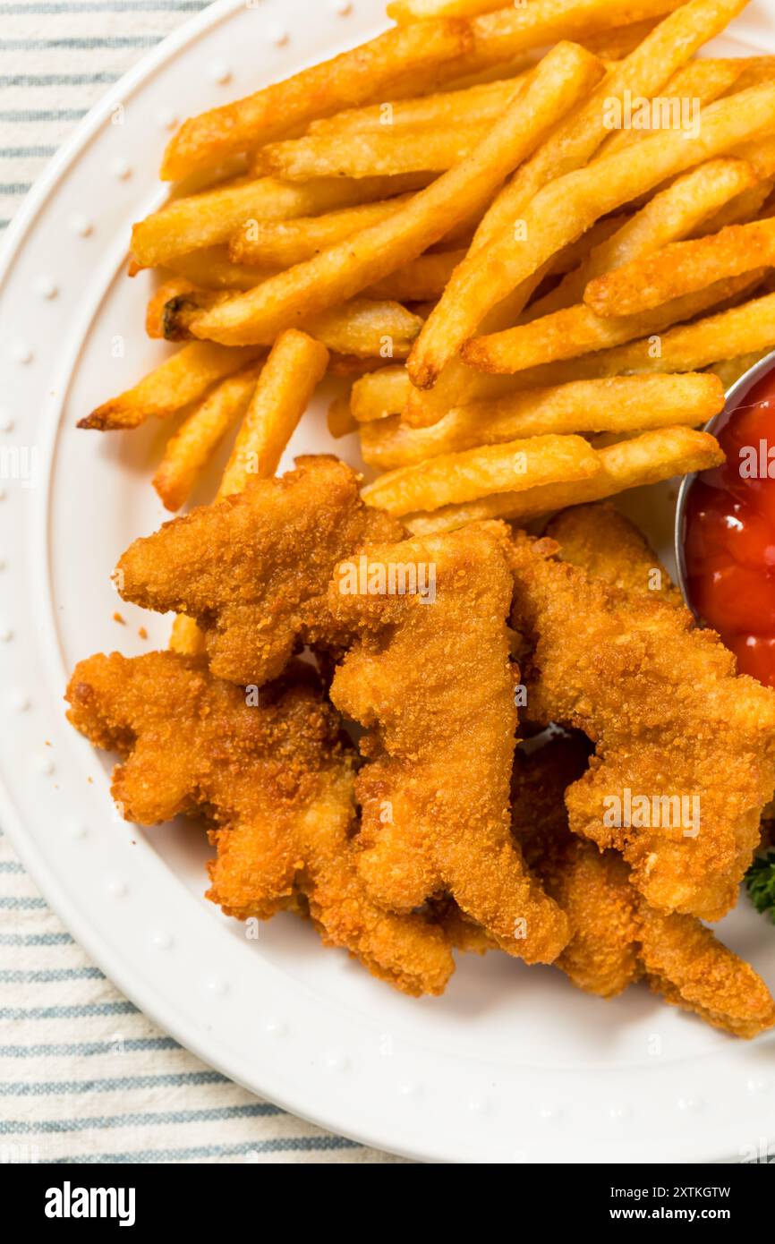 Healthy Kids Dinosaur Chicken Nuggets with Fries and Ketchup Stock ...