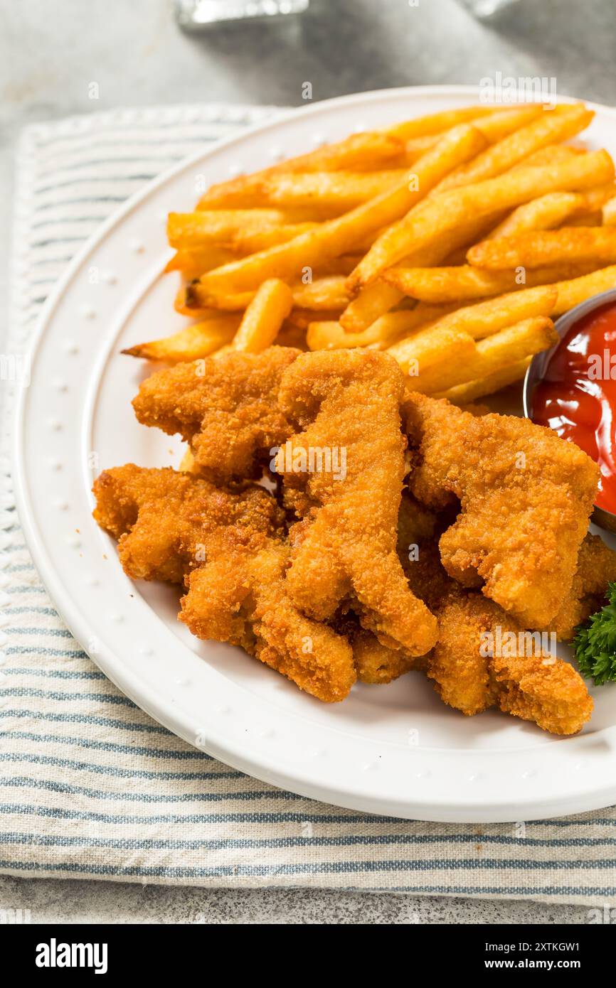 Healthy Kids Dinosaur Chicken Nuggets with Fries and Ketchup Stock ...