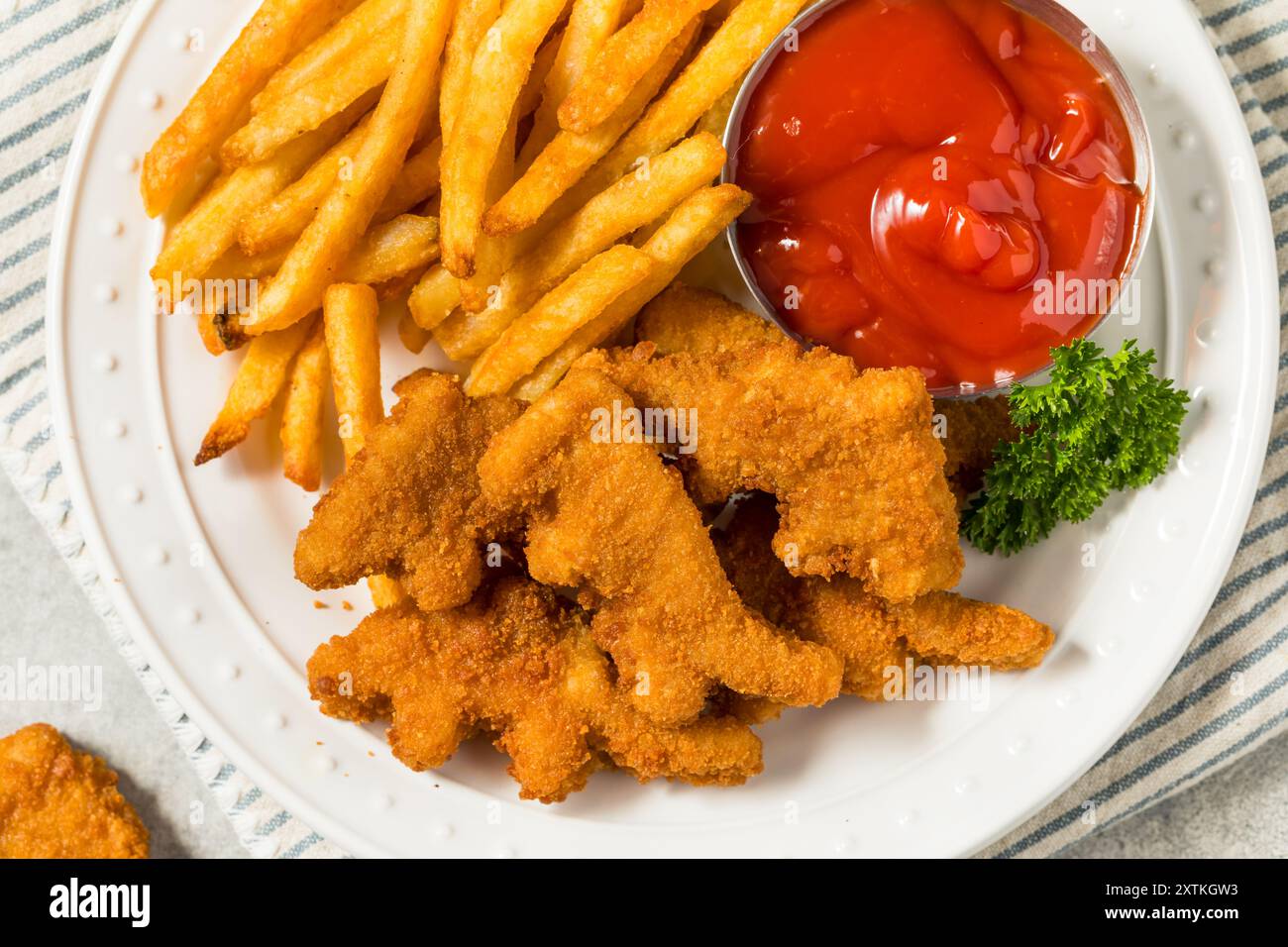 Healthy Kids Dinosaur Chicken Nuggets with Fries and Ketchup Stock ...