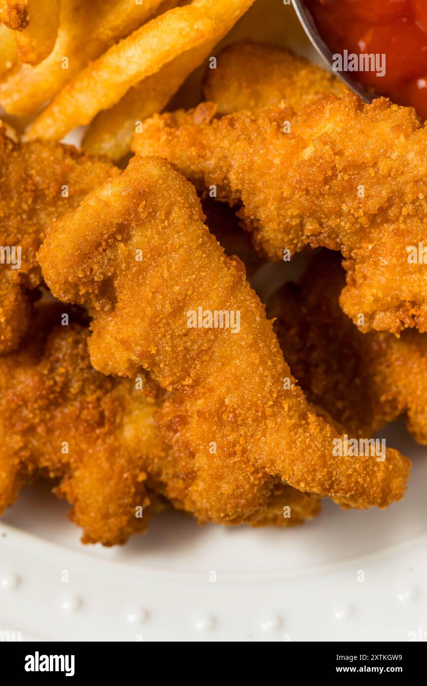 Healthy Kids Dinosaur Chicken Nuggets with Fries and Ketchup Stock ...