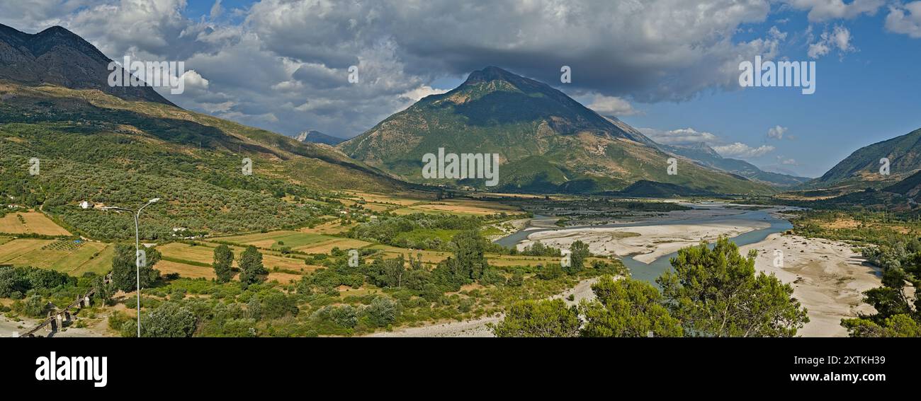 Vjosa river valley viewed from Tepelena Stock Photo - Alamy