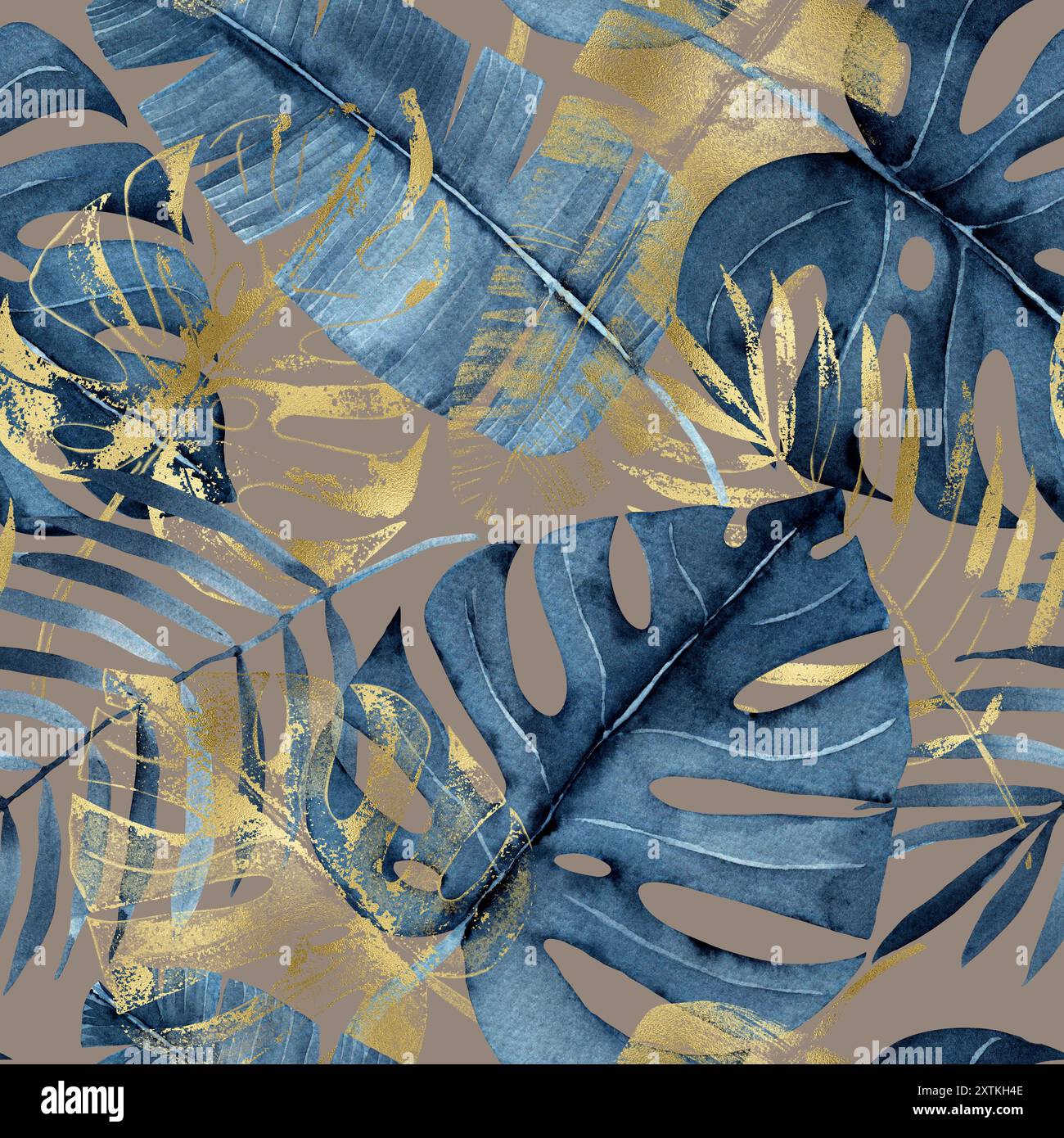 Watercolor seamless pattern with navy blue and golden tropical leaves ...