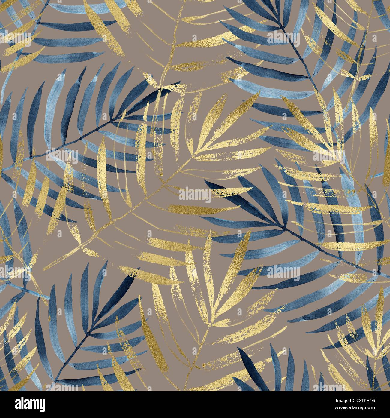 Watercolor seamless pattern with navy blue and golden tropical leaves ...