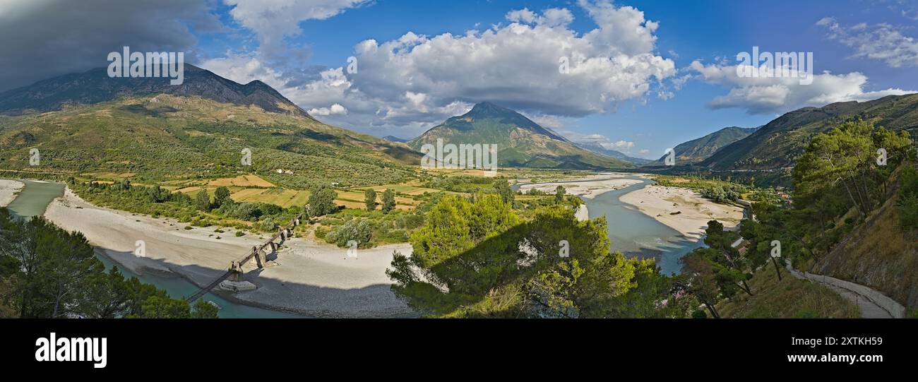 Vjosa river valley viewed from Tepelena Stock Photo - Alamy