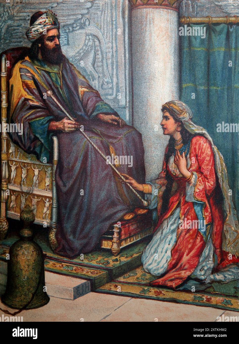 Illustration Of Esther Kneels Before King Ahasuerus Who Then Held Out ...