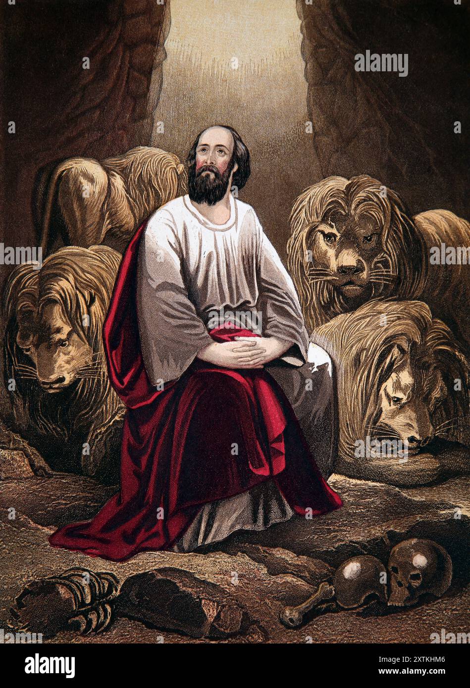 Illustration of Daniel in the Den of Lions from Antique 19th Century ...