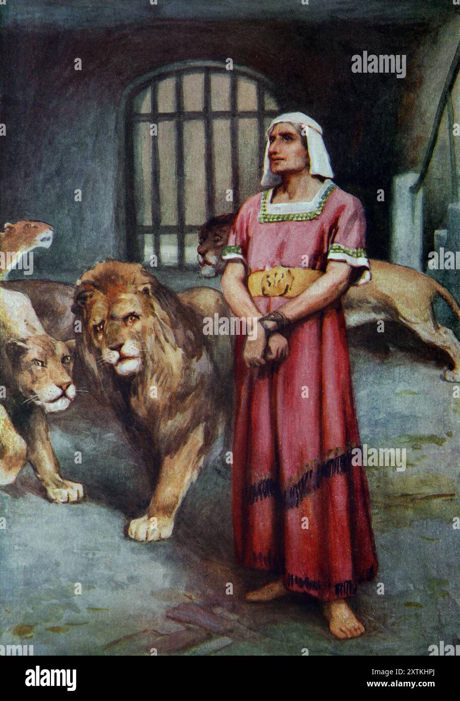 Illustration of Daniel in the Lions Den from Antique 19th Century book ...