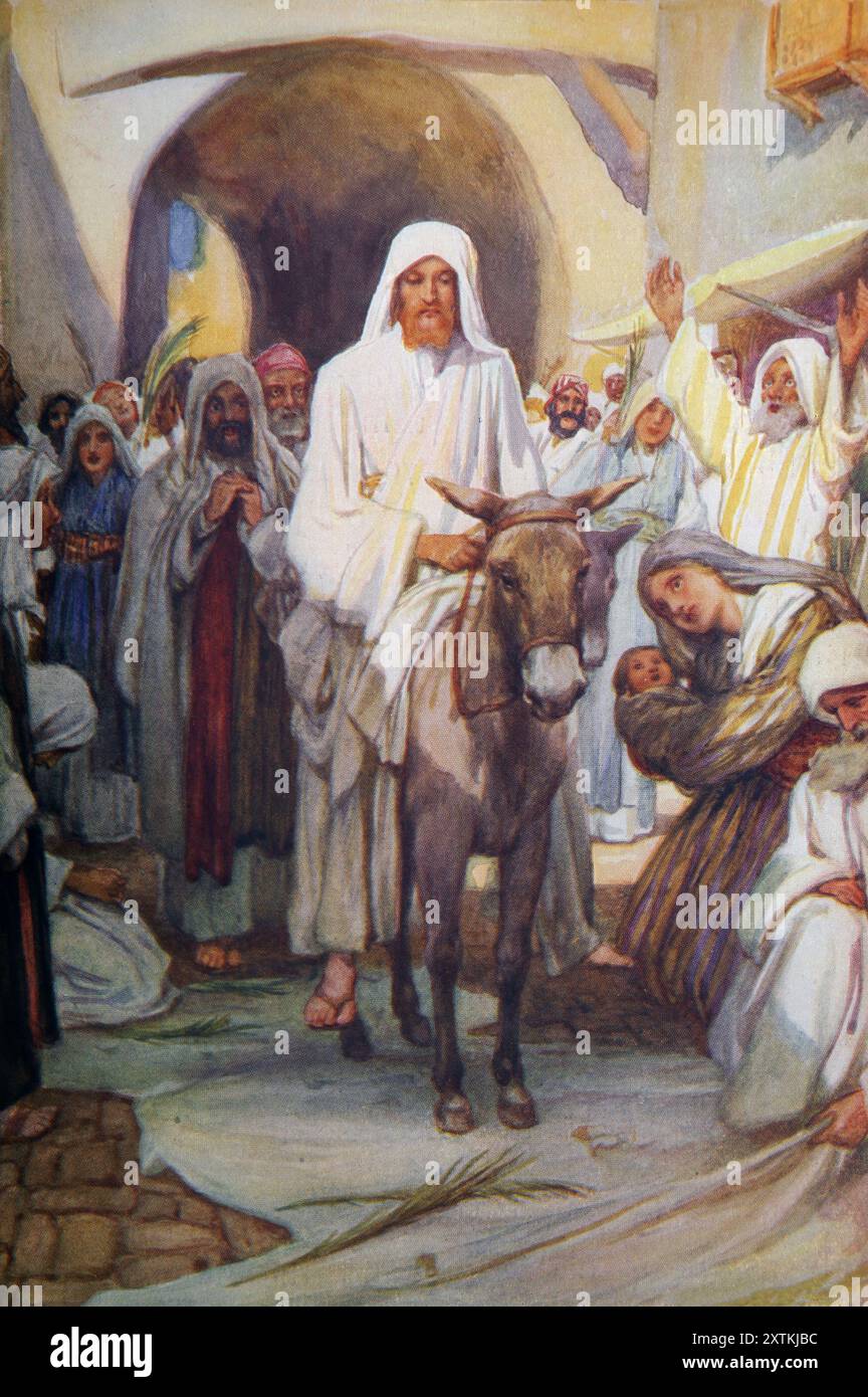 Illustration Entry of Jesus into Jerusalem with followers taking of ...
