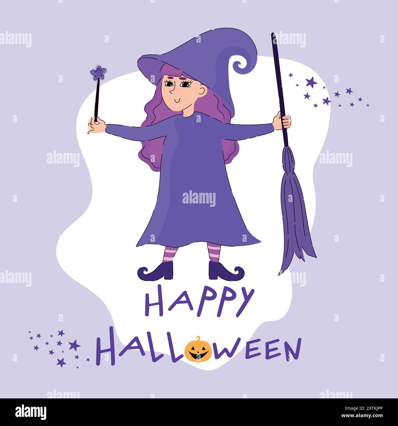 Cute cartoon witch with magic wand and broom. Happy Halloween greeting ...