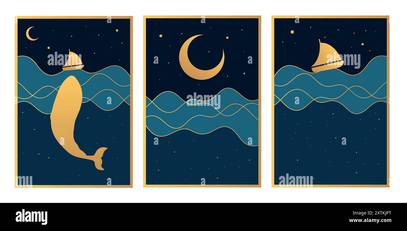 Celestial night ocean set. Posters with night sky and ocean view ...