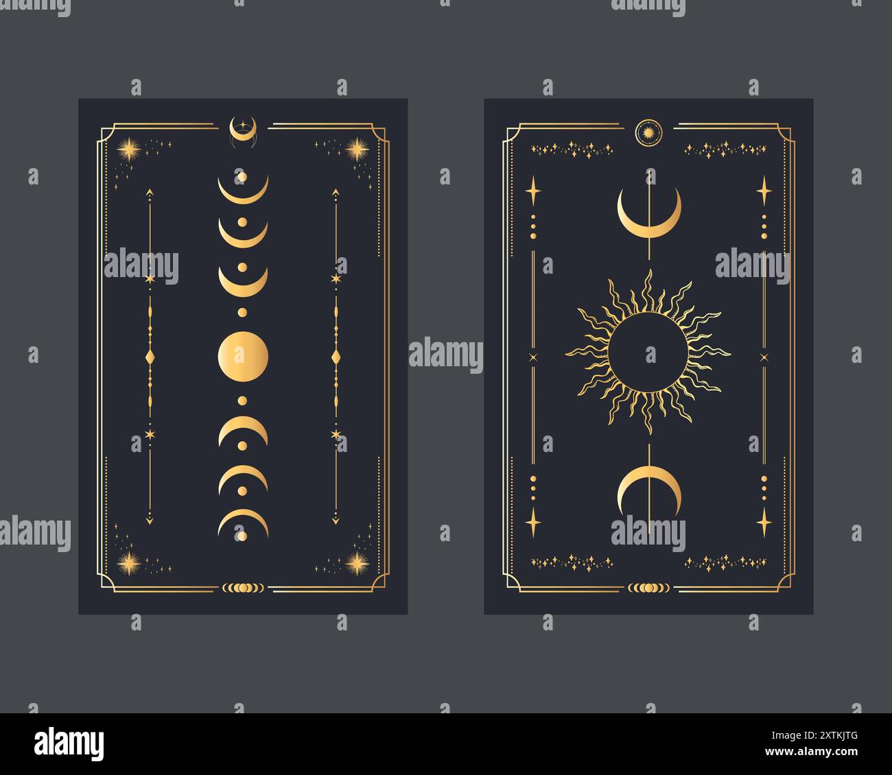 Golden magical tarot cards Sun and Moon. Mystery, astrology, alchemy ...